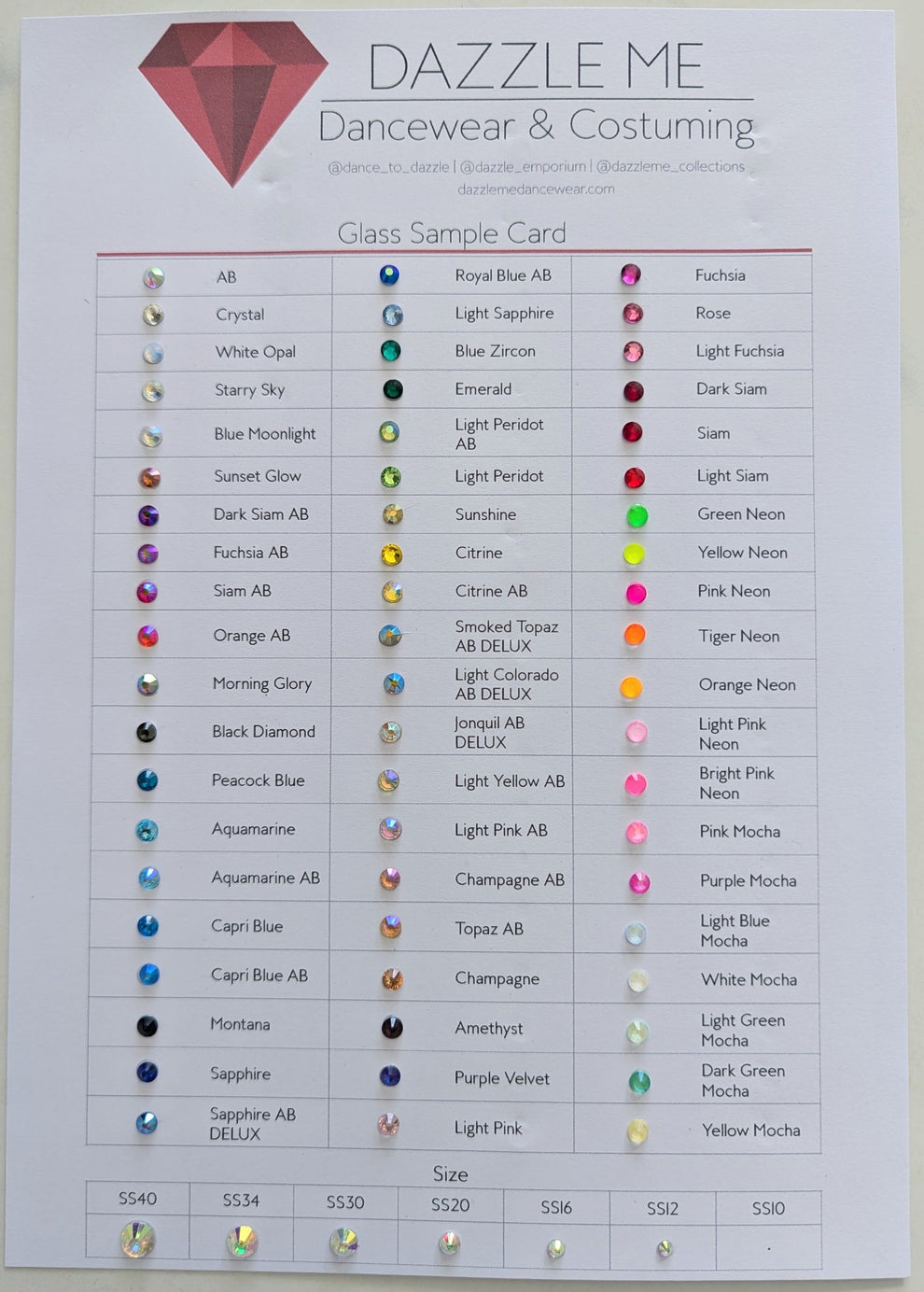 Rhinestone Sample Card – Dazzle Me Dancewear